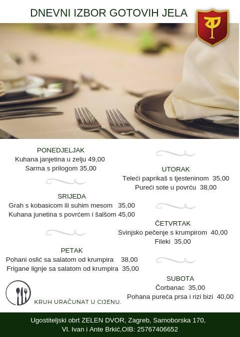 Menu at Restaurant Zelen Dvor, Zagreb