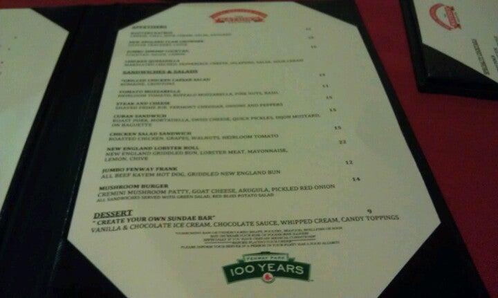 Menu at Royal Rooters Club, Boston, Fenway Park
