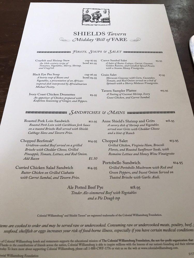 Menu at Shields Tavern restaurant, Williamsburg