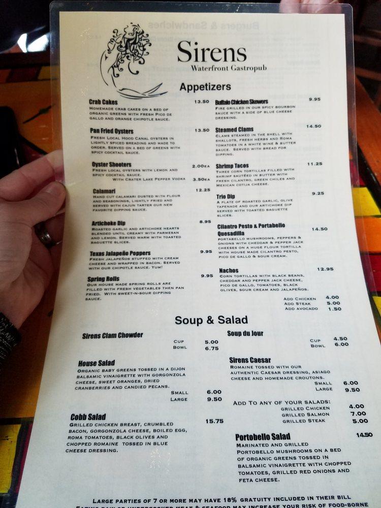 Menu at Sirens Pub, Port Townsend