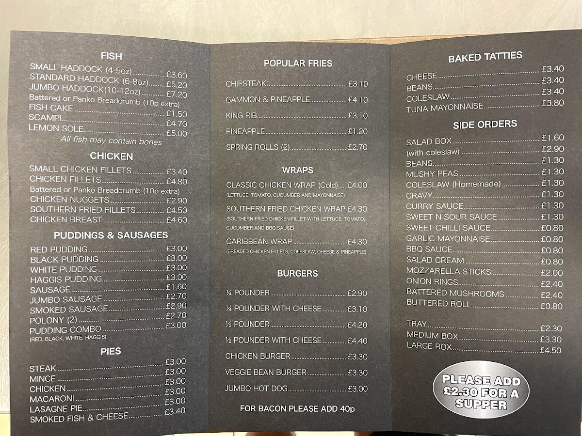 Menu at Skippers fast food, Turriff