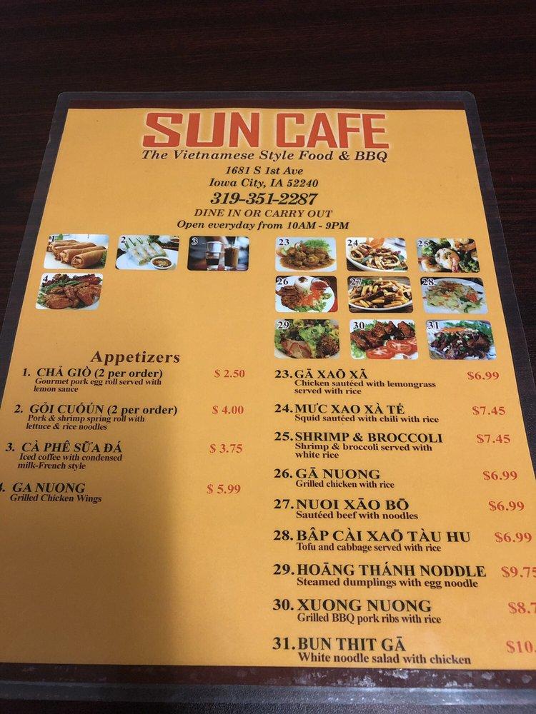 Menu at Sun Café BBQ, Iowa City, 953 S Riverside Dr