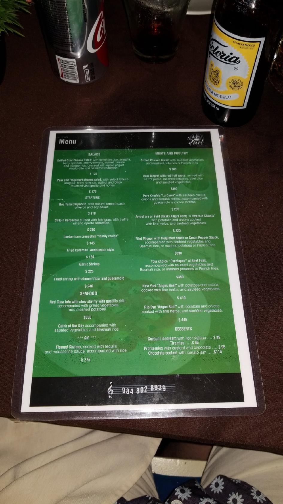 Menu at The Divot restaurant, Puerto Aventuras
