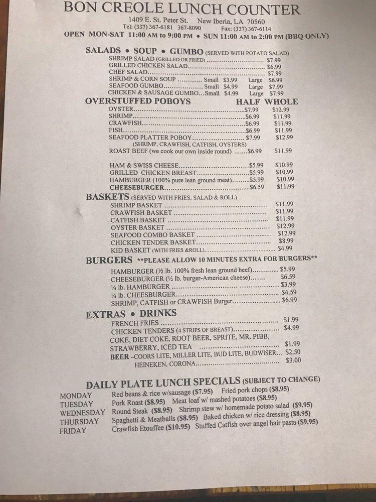 Carta del restaurante Bon Creole, Nueva Iberia