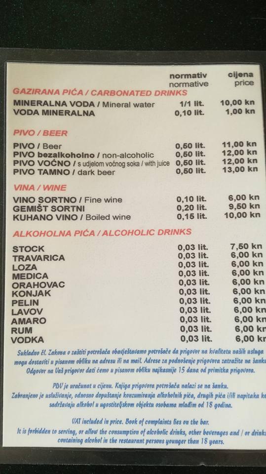 Menu at Caffe Bar Džafer, Karlovac