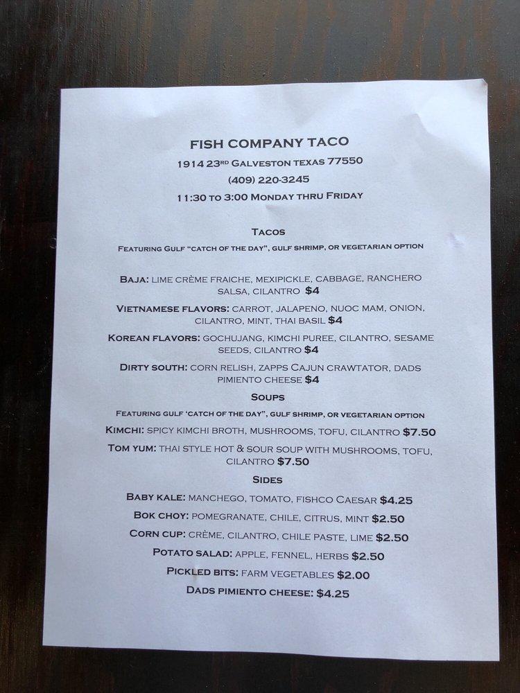 Menu at Fish Company Taco restaurant, Galveston