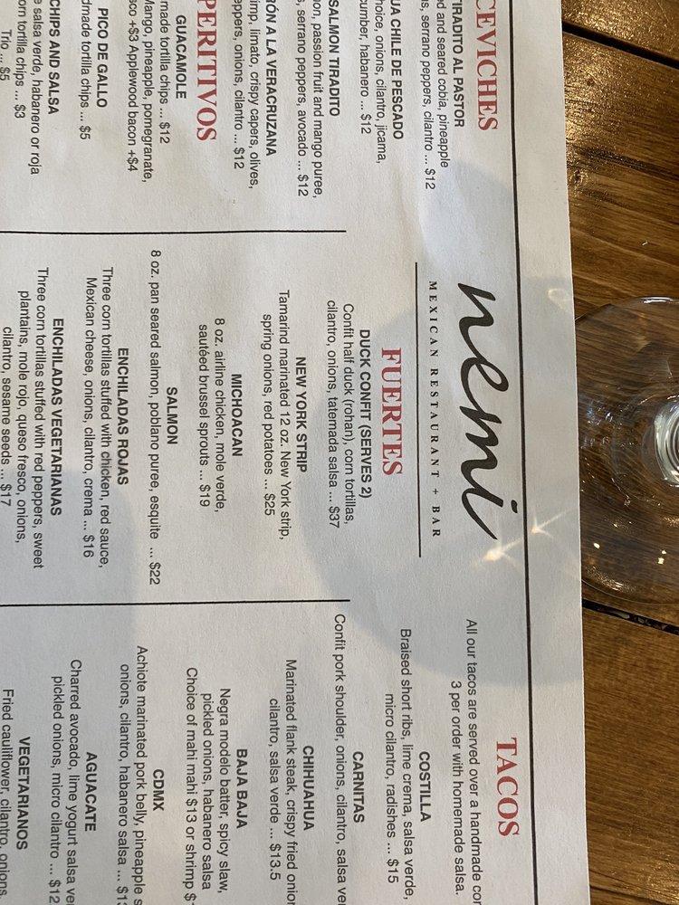 Menu at Nemi restaurant, Philadelphia