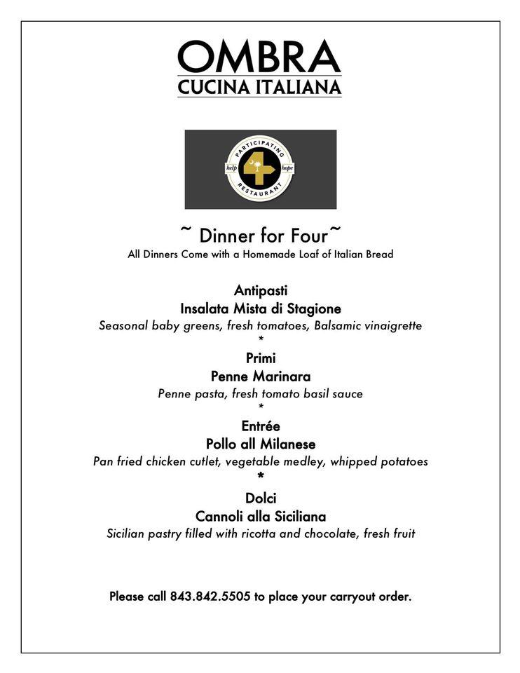 Menu at Ombra Cucina Italiana restaurant, Hilton Head Island
