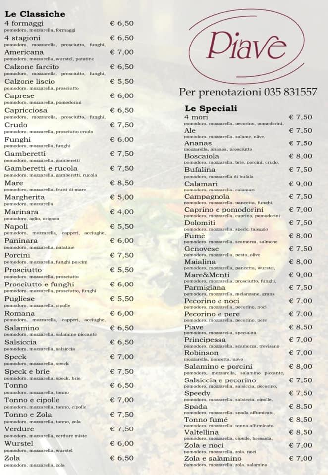 Menu da Ristorante Pizzeria Piave, Telgate