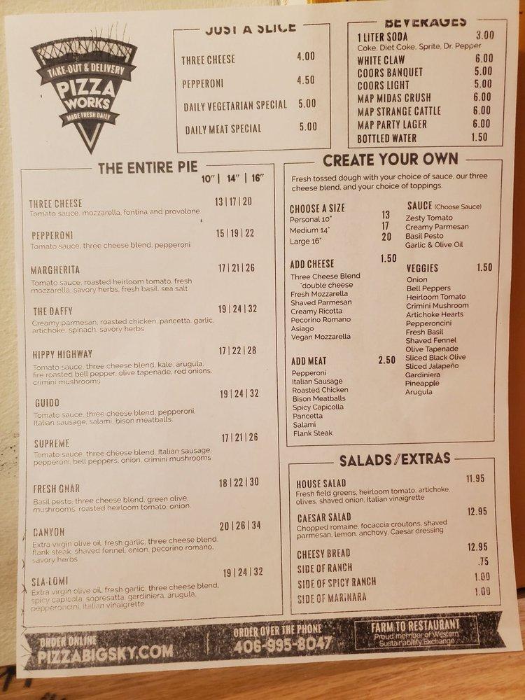 Menu at Pizza Works pizzeria, Big Sky