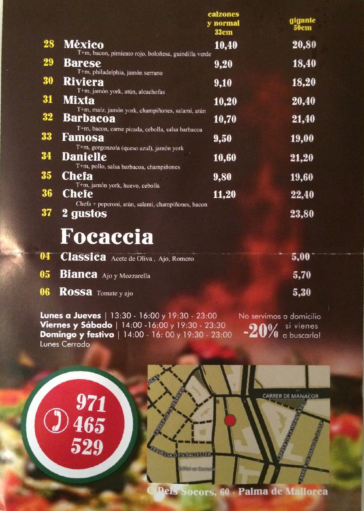 Menu at Peperoncino pizzeria, Palma, C. Socors
