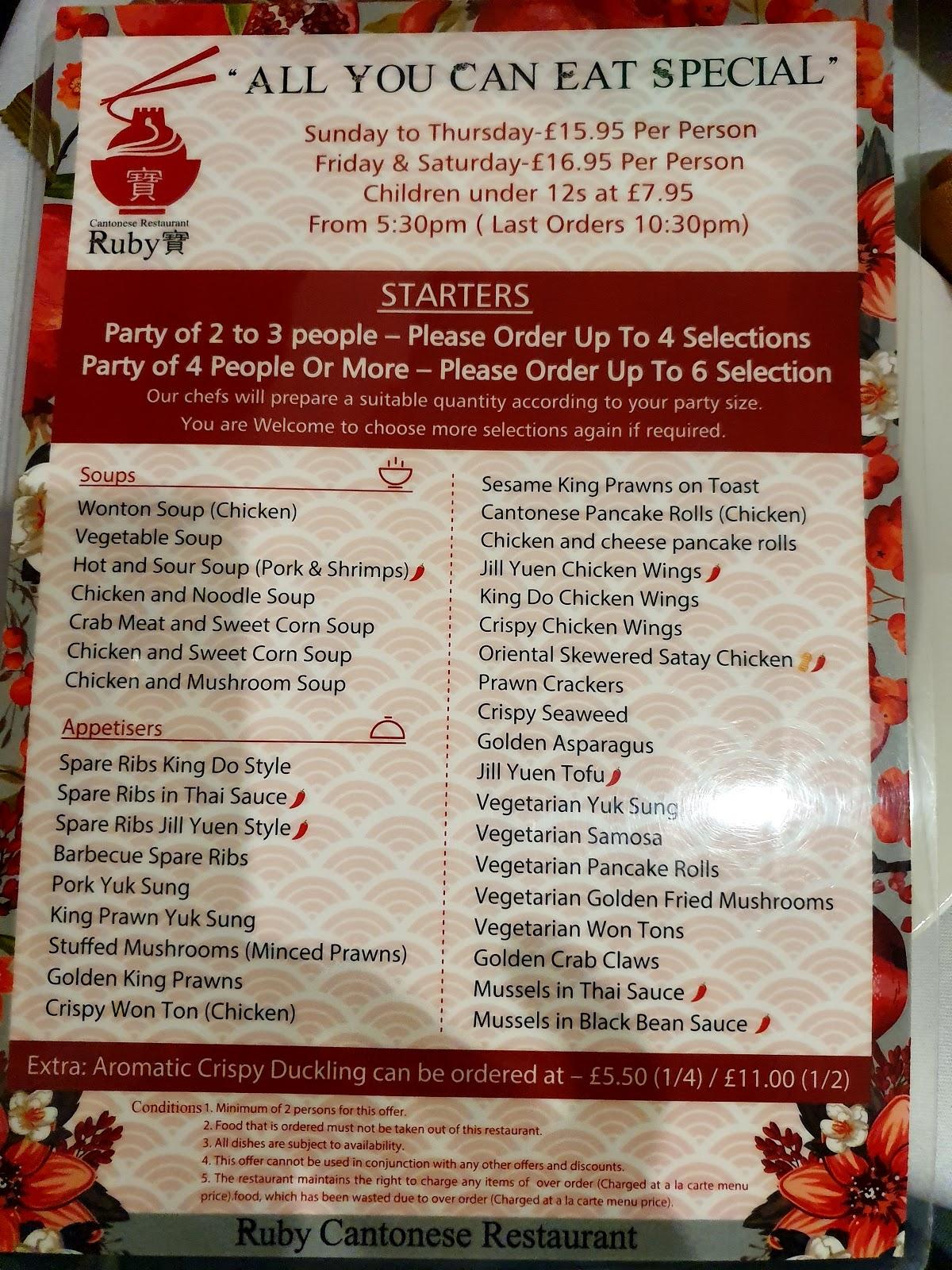 Menu at Ruby restaurant, Royal Leamington Spa