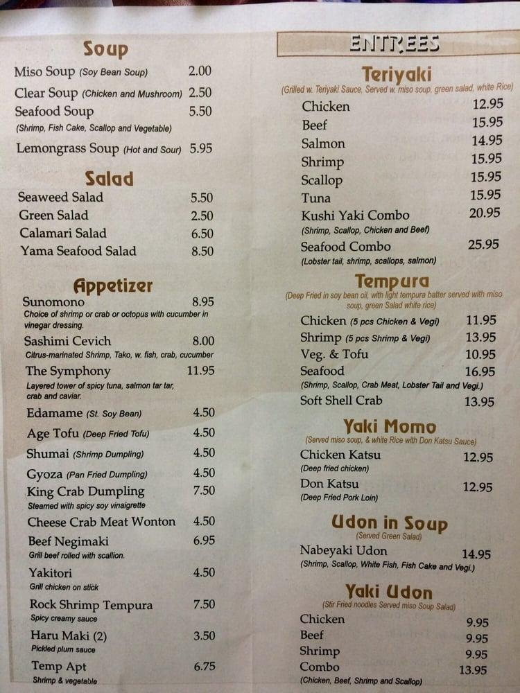 Menu at Sushi Yama restaurant, Middletown