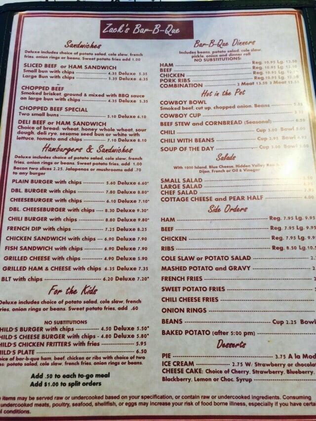 Menu at Zack's BBQ, Hotchkiss