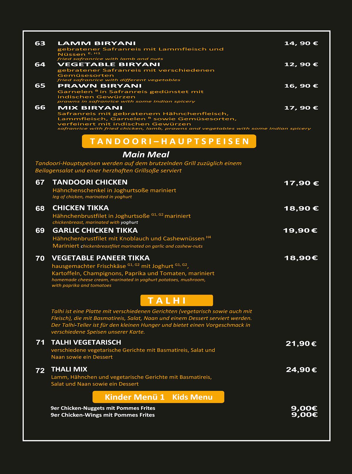Menu at Indian King Curry restaurant, Freiburg