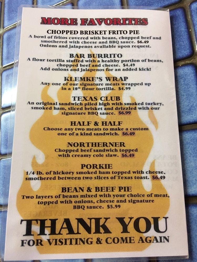 Menu at Klemkes BBQ Joint, Slaton