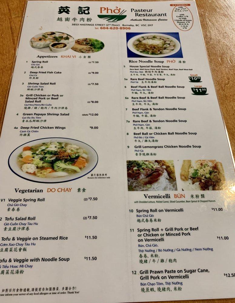 Menu at Phở Pasteur Restaurant, Burnaby
