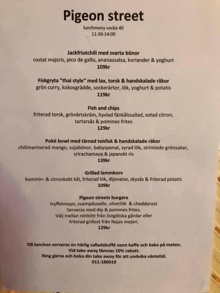 Menu at Pigeon street restaurant, Norrköping