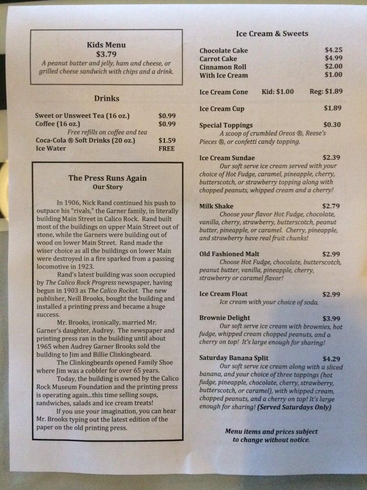 Carta de Printing Press Cafe, Calico Rock