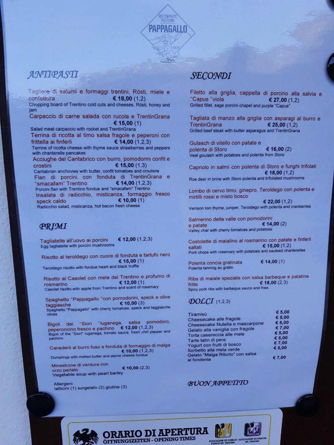 Carta de Ristorante Pizzeria al Pappagallo, Madonna di Campiglio