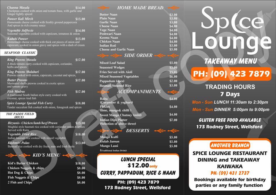 Menu at Spice Lounge restaurant, Wellsford