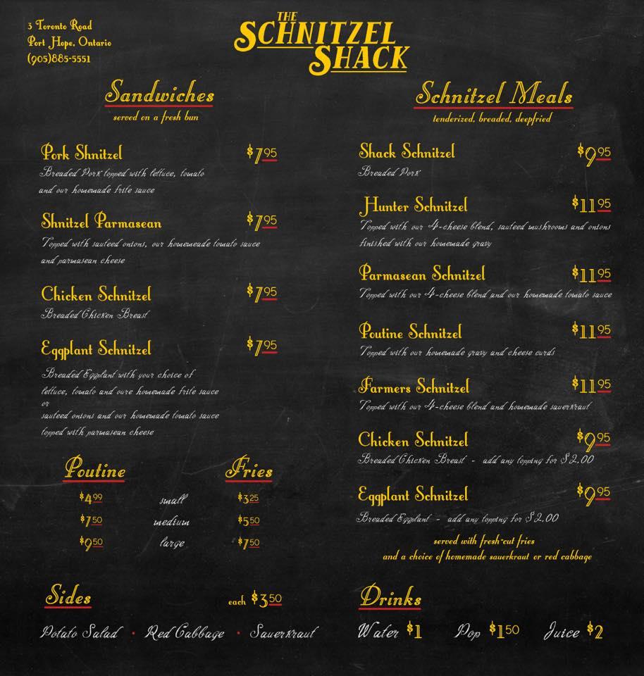 Menu at The Schnitzel Shack fast food, Port Hope