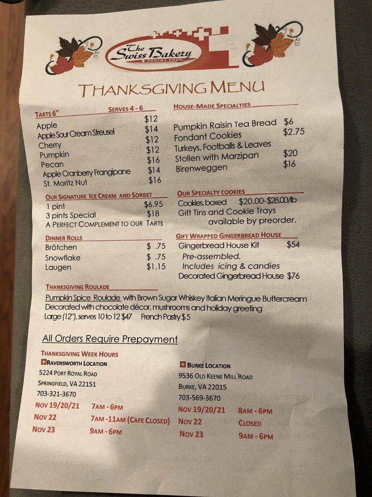 Menu at The Swiss Bakery and Pastry Shop, Springfield