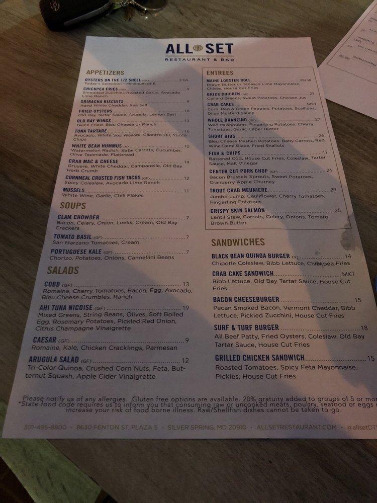 Menu at All Set Restaurant & Bar, Silver Spring