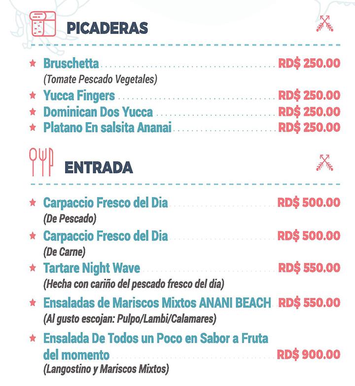 Menu at Anani Beach Club, Dominicus