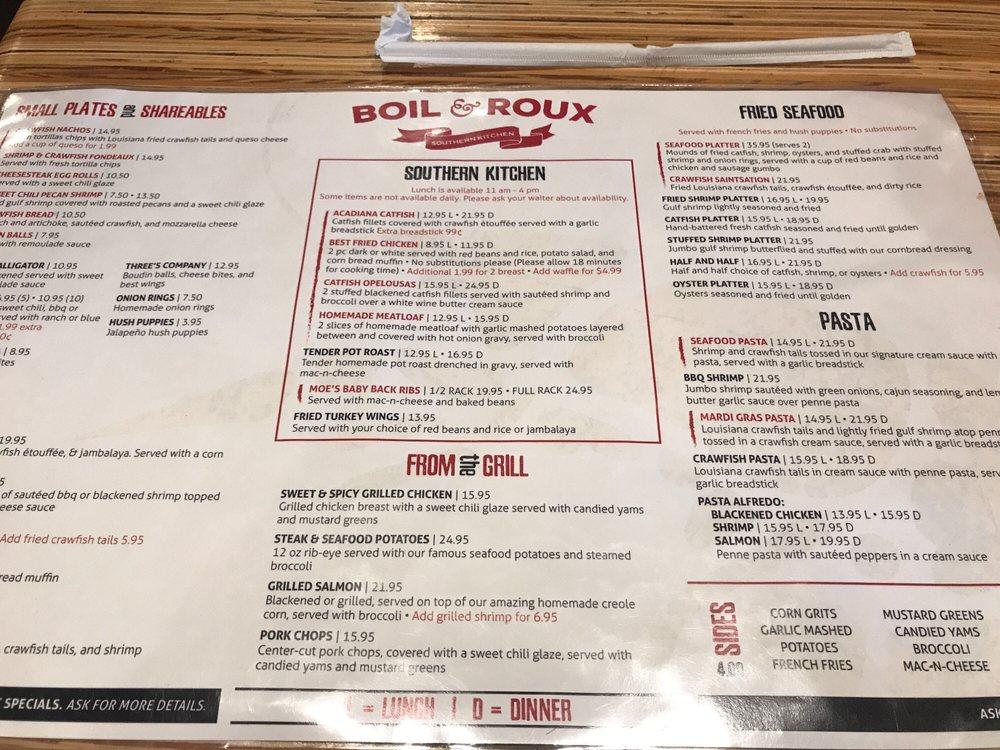 Menu at Boil & Roux restaurant, Baton Rouge, Coursey Blvd