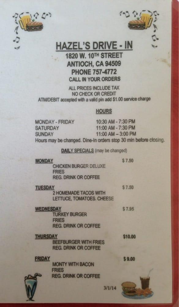 Menu at Hazel's Drive In restaurant, Antioch