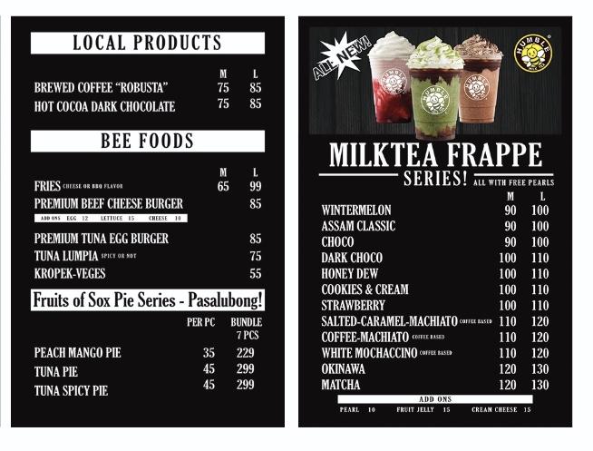 Menu at Humble Bee Milk Tea Awang cafe, Datu Odin Sinsuat