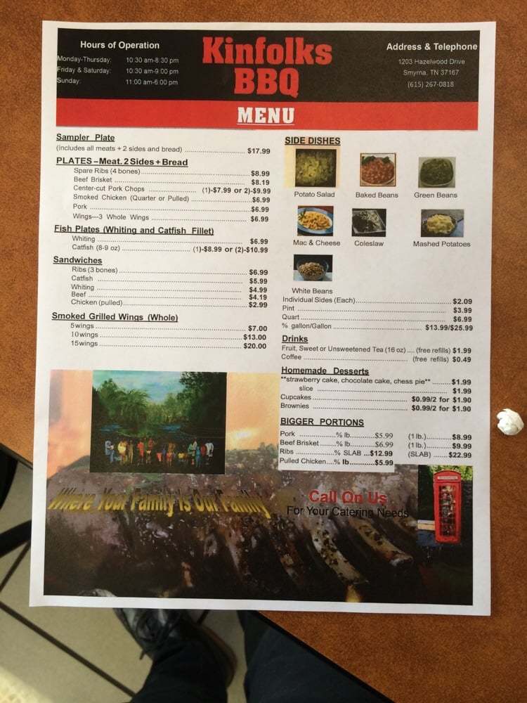 Menu at Kinfolks BBQ, Smyrna