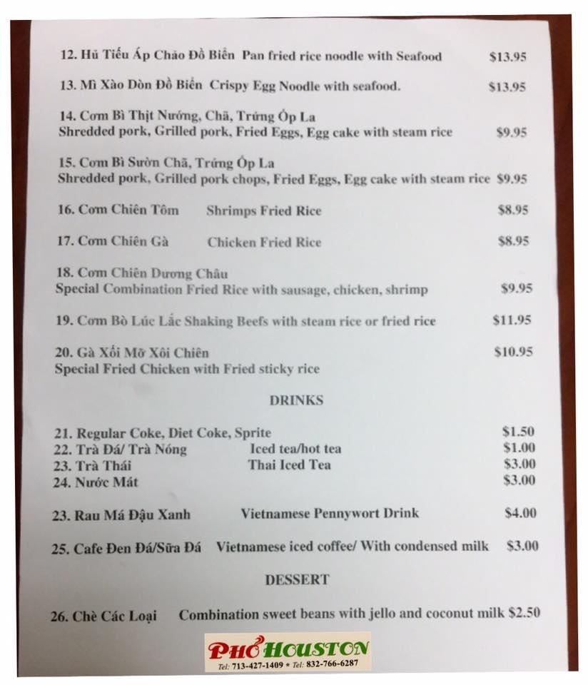 Menu at Phở Houston restaurant, McAllen