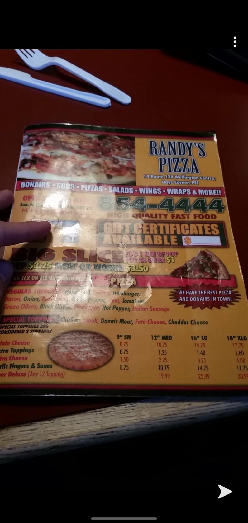 Menu at Randys Pizza Restaurant, Wellington