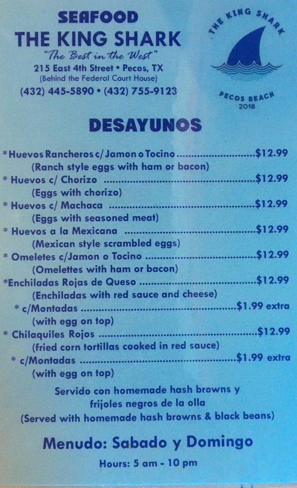 Menu at The King Shark Seafood and Mexican kitchen restaurant, Pecos
