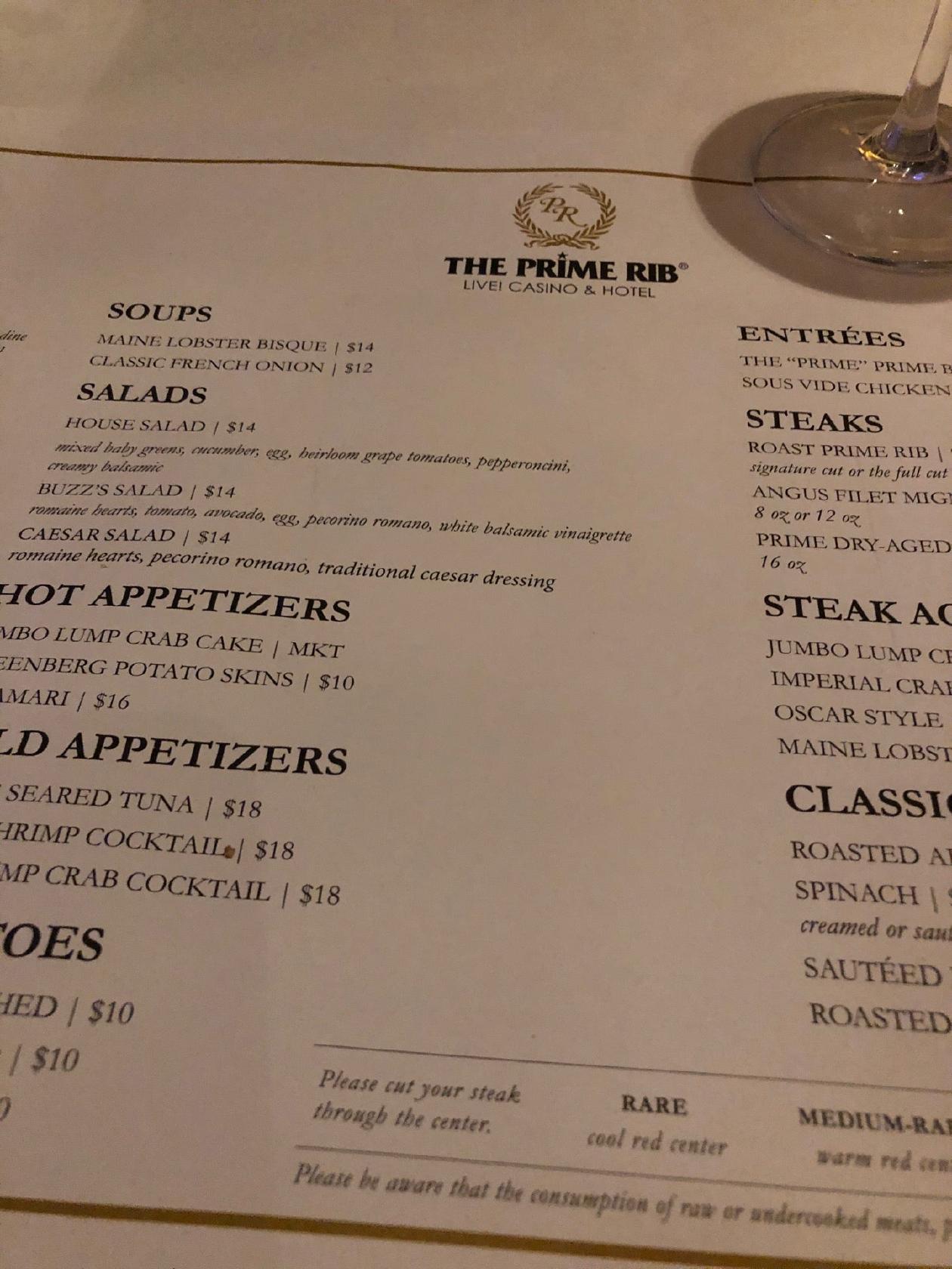 Menu at The Prime Rib at Live! Casino & Hotel steakhouse, Hanover ...