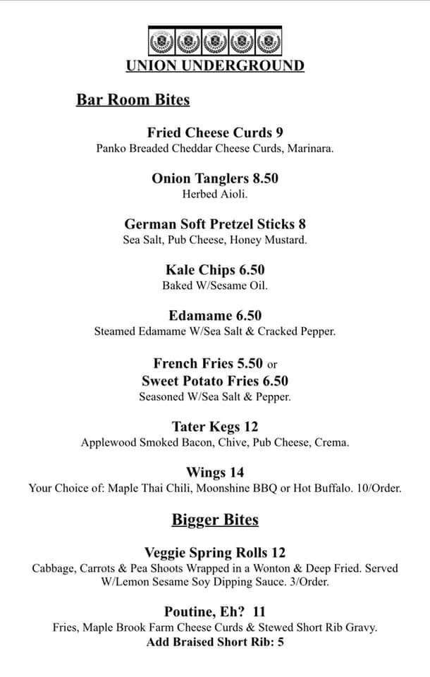 Menu at Union Underground pub & bar, Manchester