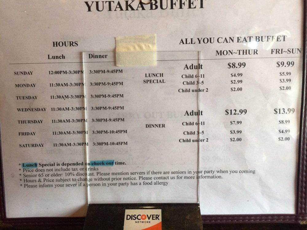 Menu at Yutaka Buffet restaurant, Revere, 339 Squire Rd