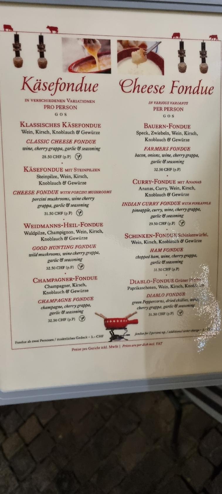 Menu at Alexi's, Zürich