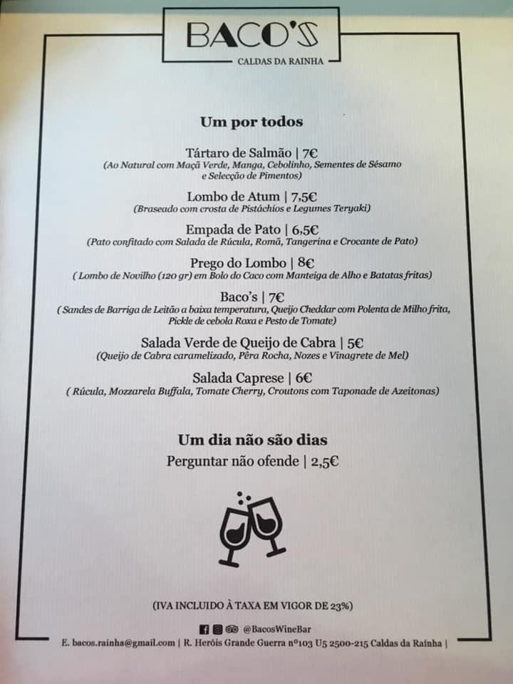 Menu em Baco’s Wine Bar, Caldas da Rainha