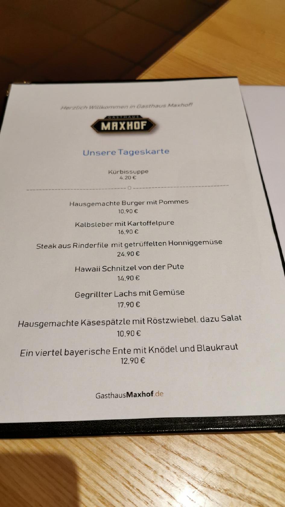 Menu at Gasthaus Maxhof restaurant, Munich