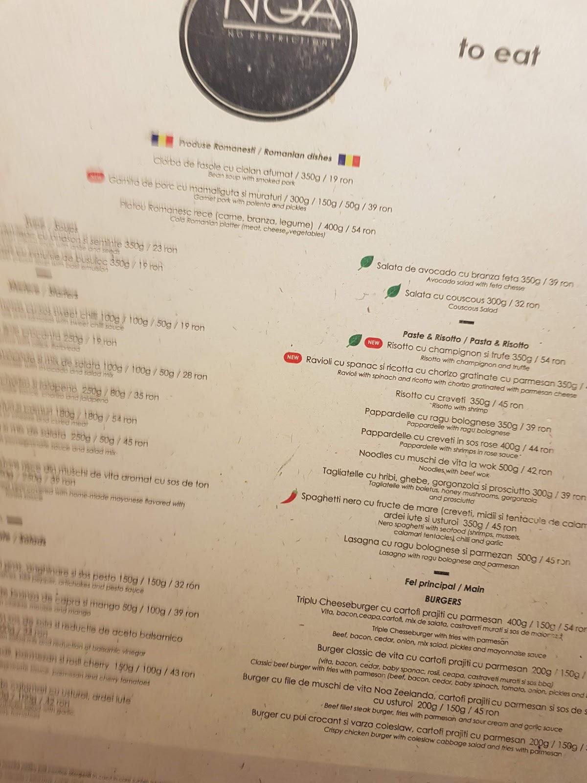 Menu at Noa Restoclub, Bucharest