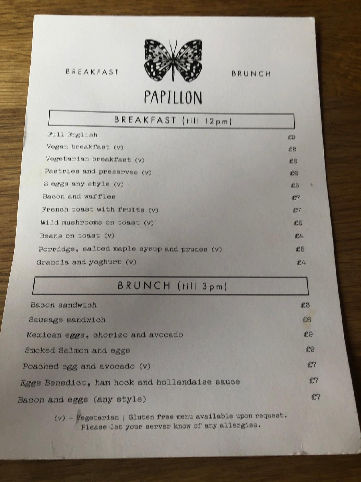 Menu at Papillon pub & bar, Liverpool