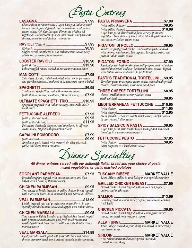 Menu at Pasti Italian Grill pizzeria, Tahlequah