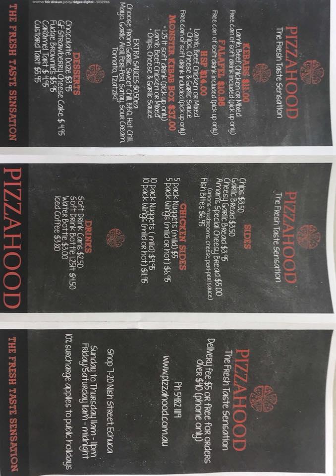 Menu at Pizzahood restaurant, Echuca
