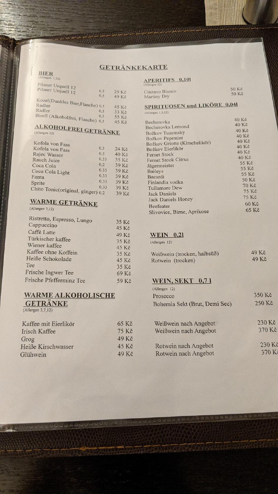 Menu at Restaurant Bernard, Boží Dar