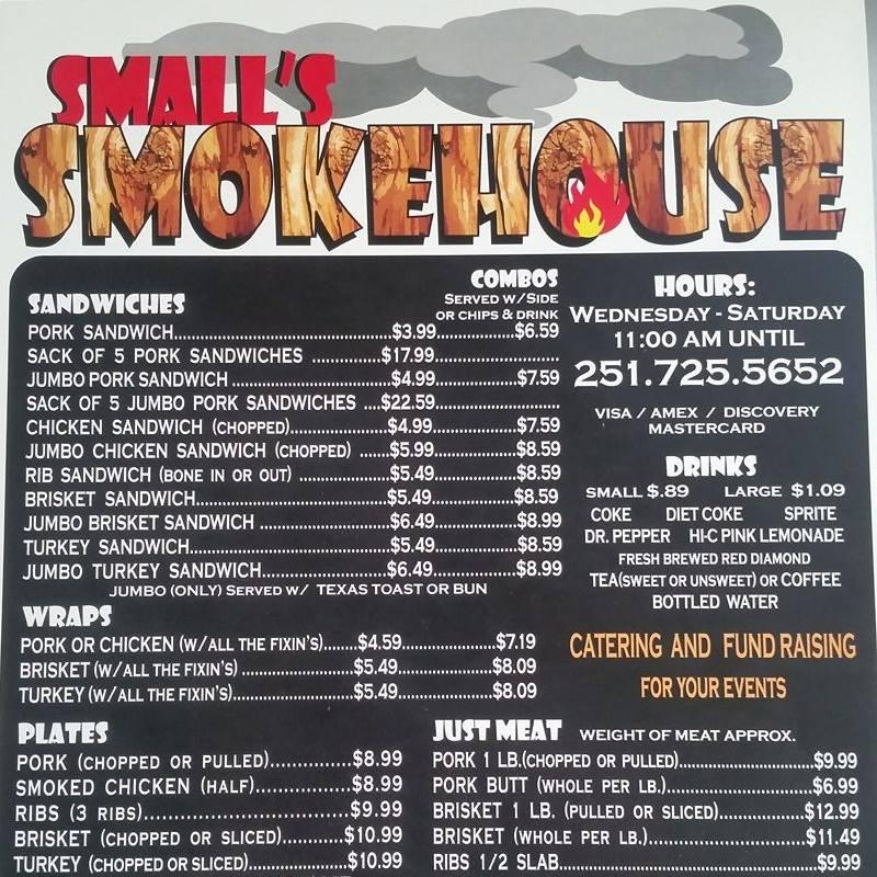 Menu at Small's Smokehouse BBQ, Daphne