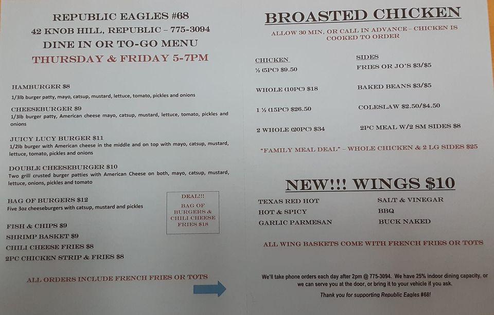 Menu at Fraternal Order of Eagle's #68 Republic, Wa, Republic