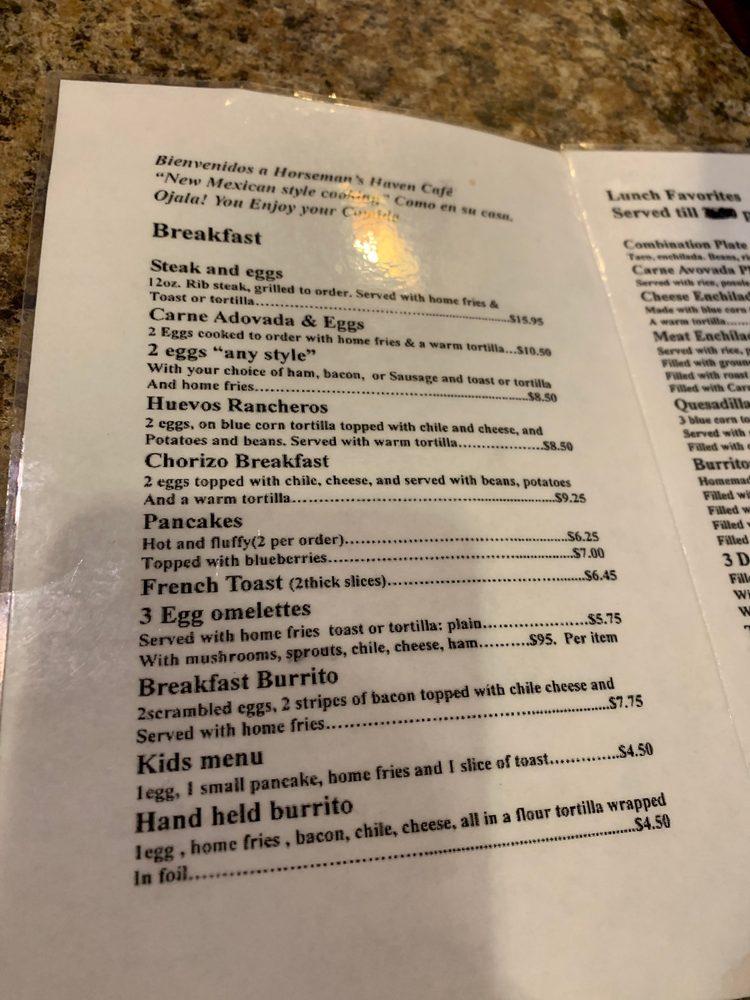 Menu at Horseman's Haven Cafe, Santa Fe